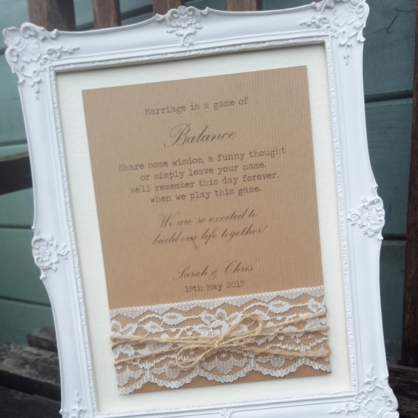 hessian lace wedding sign in frame - By Jo