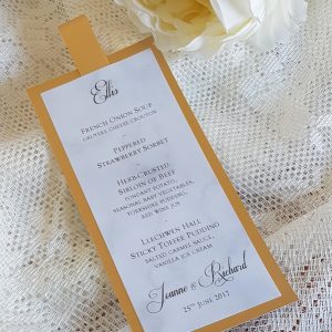 metals wedding menu bookmark - By Jo