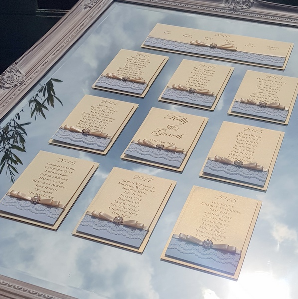 vintage lace mirror wedding table plan - By Jo